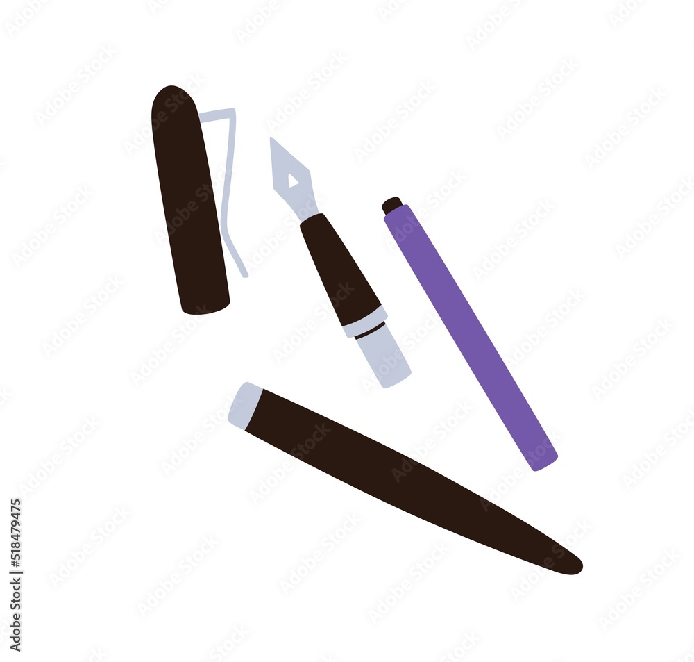 Parts of dip pen tool for calligraphy. Nib, ink reservoir, cap of ...