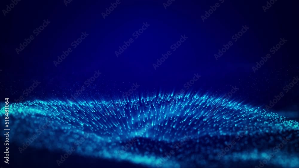 Abstract wave dark blue background with moving and glowing particles ...