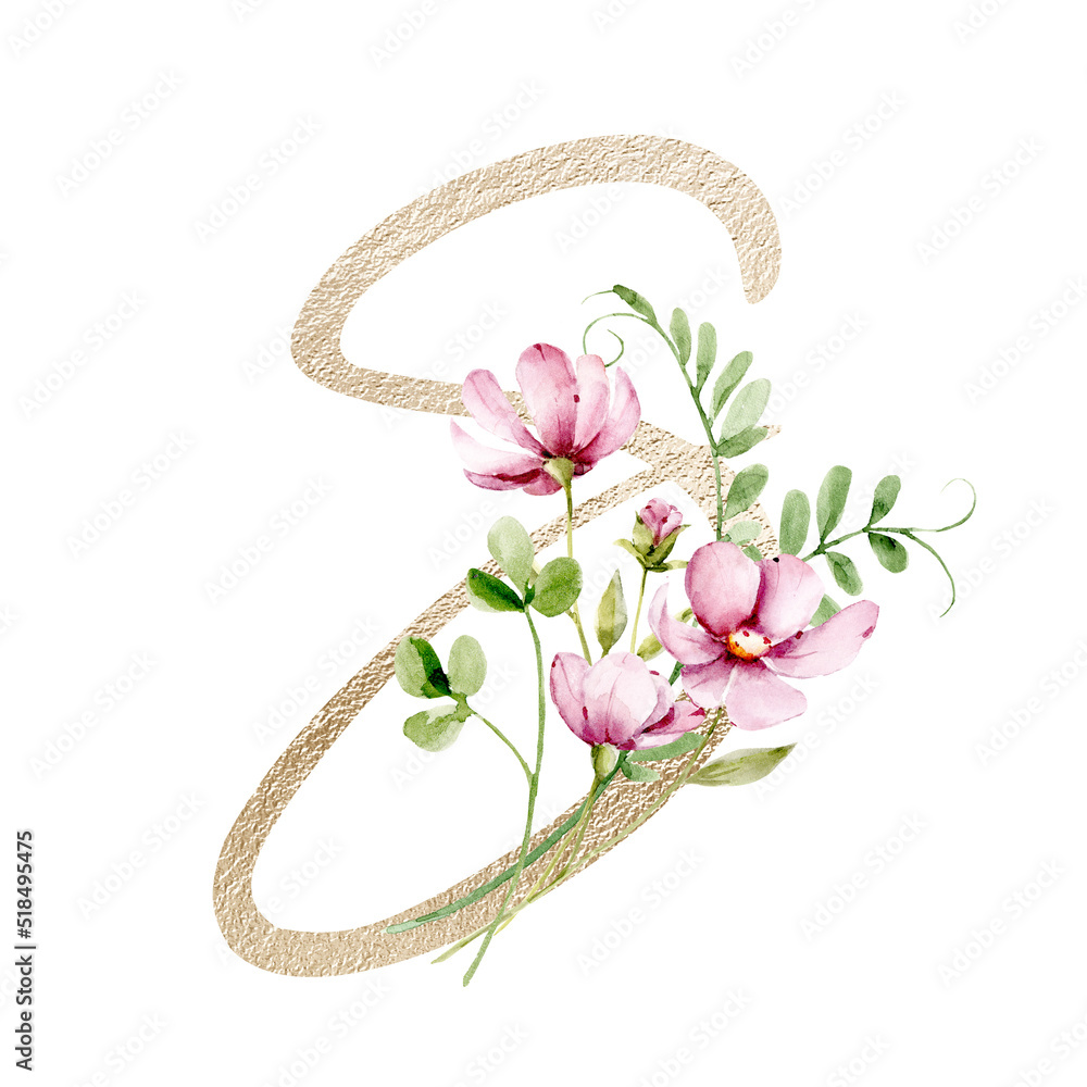 Floral alphabet, letter S with watercolor flowers and leaf. Monogram ...