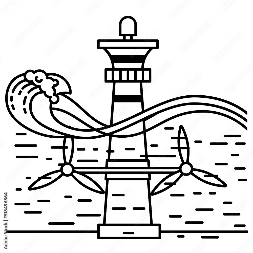 Tidal energy power plant. Eco Green Energy concept. Vector line art ...