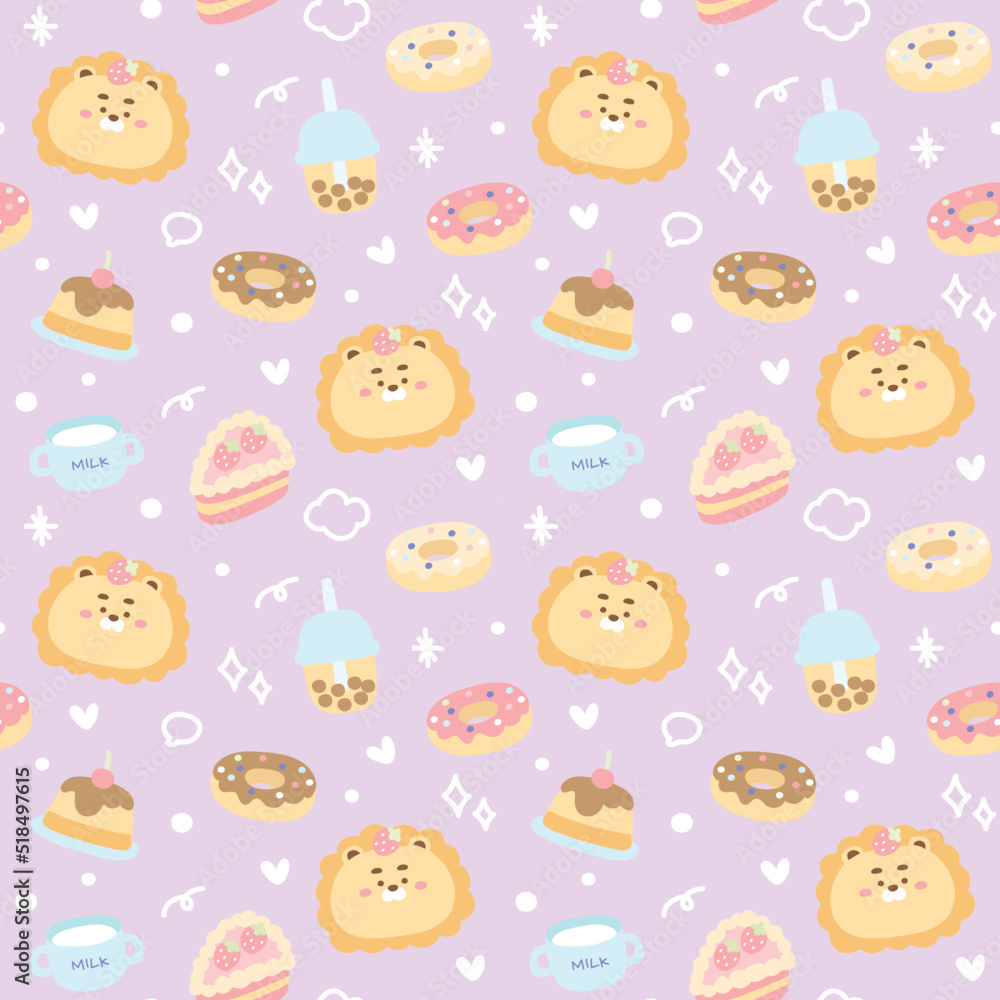 Seamless pattern of lion with dessert in cartoon.Animal character ...