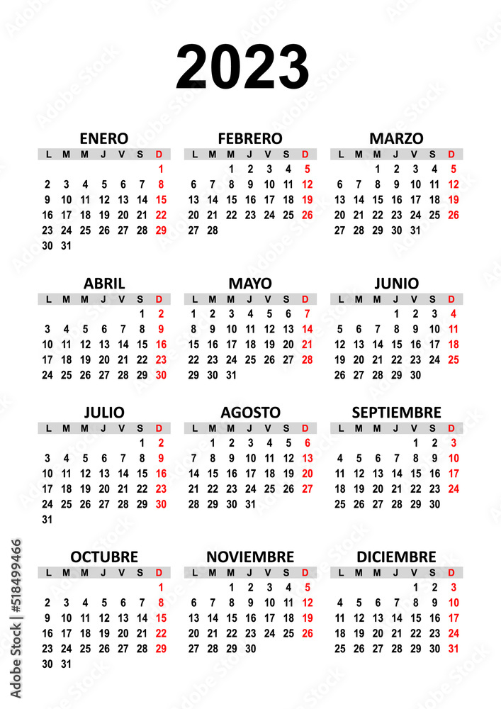 Spanish Yearly calendar. 2023 mockup. Annual Vertical template. First ...