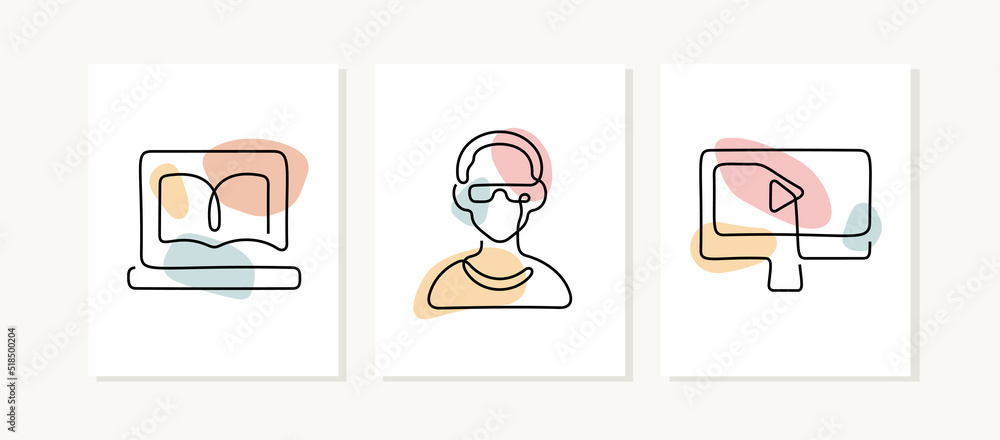 E-learning one line posters. Online education illustrations. Stock ...