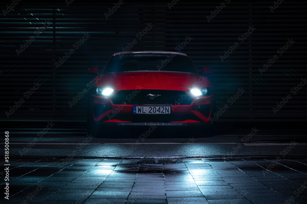 Wroclaw, Poland - November 1, 2020: Ford Mustang GT on a rainy night ...