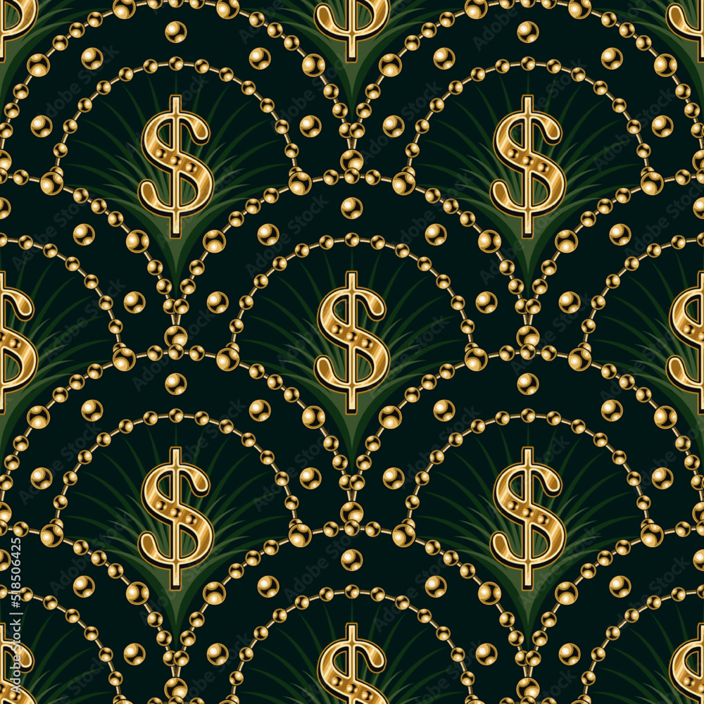 Seamless green pattern with fan shaped grid, shiny gold dollar sign ...