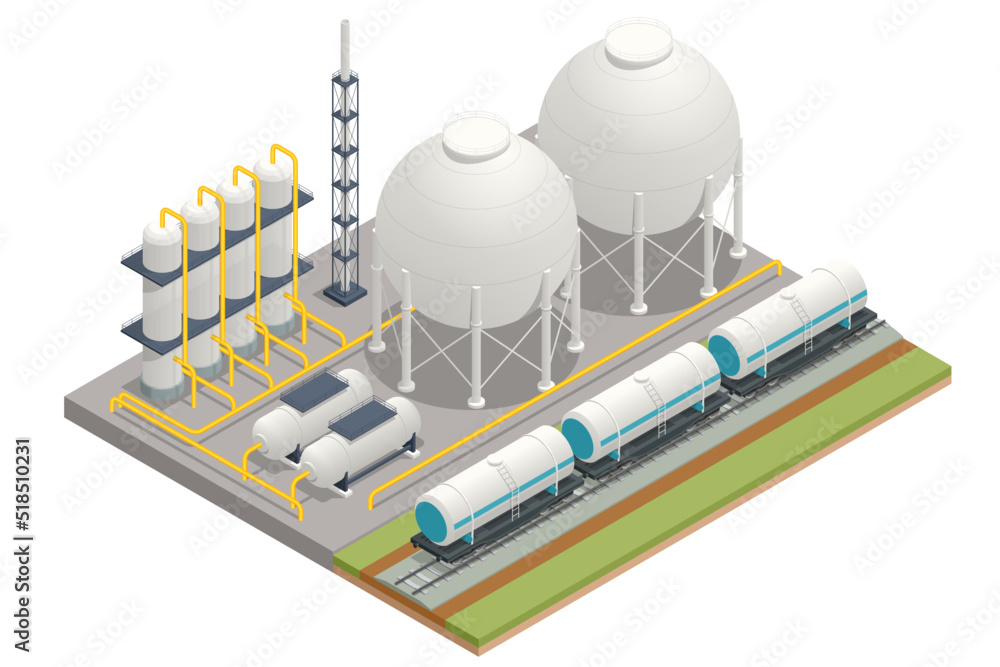 Isometric Gas storage tanks. White spherical propane tanks. Containing ...