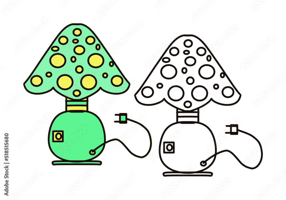 Table lamp, freehand drawing, with black stroke and color, on a ...