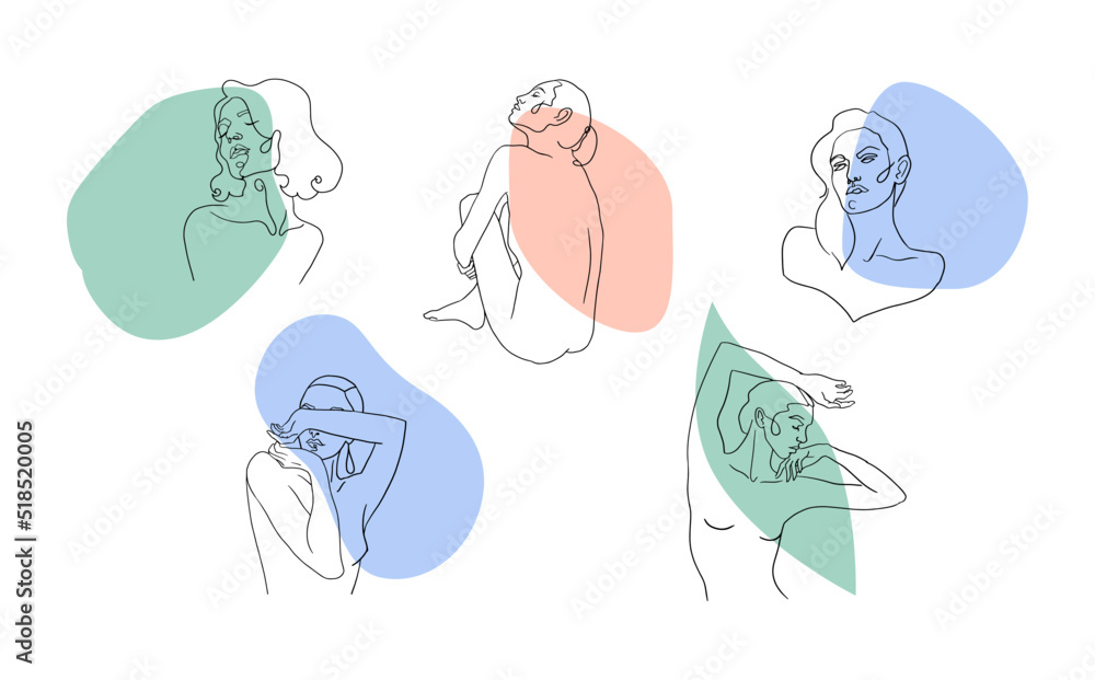 Gentle one line illustrations with woman and abstract shapes, One Line ...