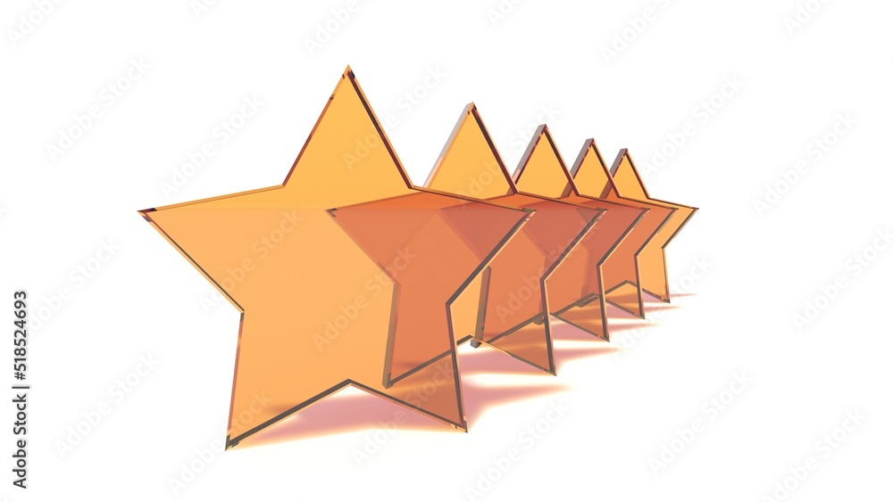 Five transparent stars on a white background. Yellow glass stars ...