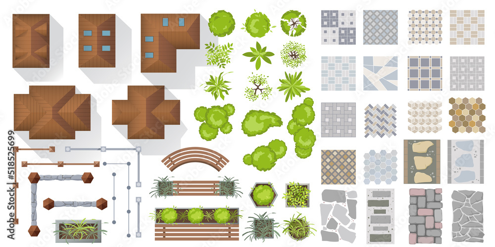 Architectural and Landscape elements top view for town, village. Set of ...