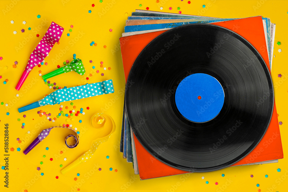 Vinyl records, party music, top view. Empty copy space for record label ...