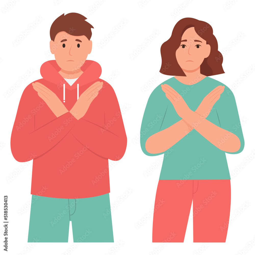 Woman and man says no with gesture.People standing with the crossed ...