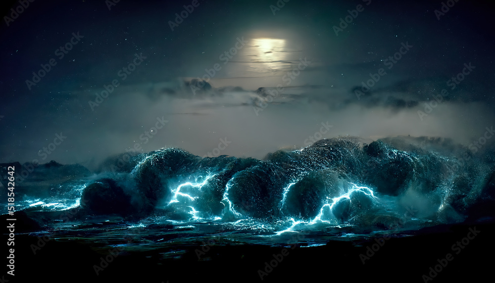 Night fantasy seascape with beautiful waves and foam. Night view of the ...