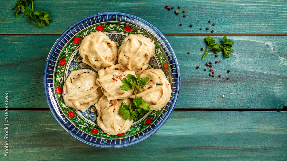 Traditional manti food on plate, top view. The concept of oriental ...