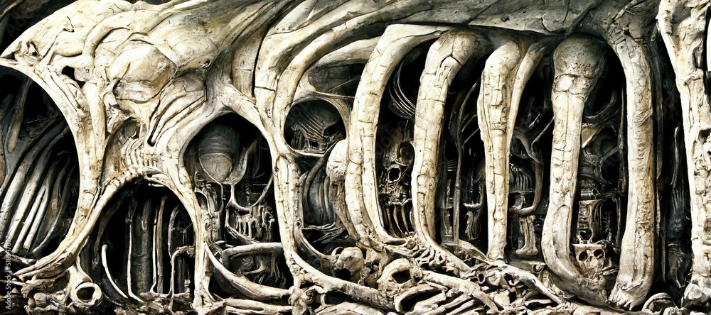 Macabre bone wall in ivory white, interconnected skeletal rib cage ...