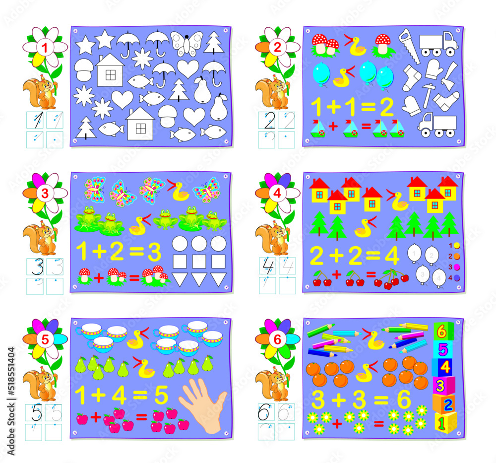 Set of educational pages for kids. Learn and trace numbers. Developing ...