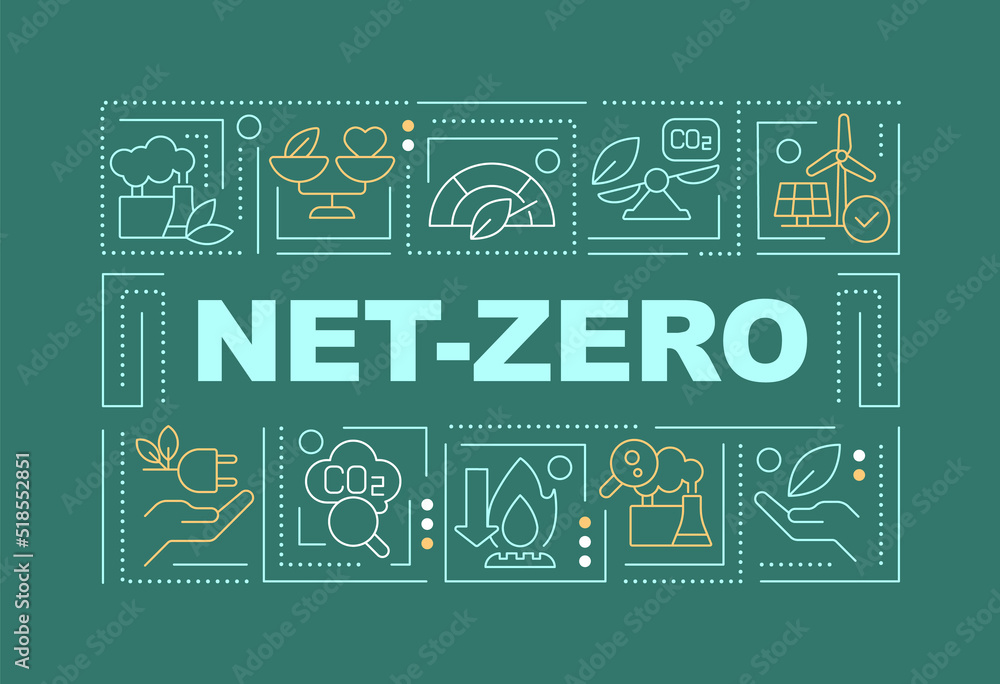 Net zero word concepts dark green banner. Decarbonization. Infographics with editable icons on ...
