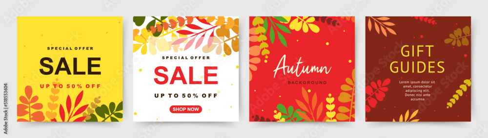 Autumn square backgrounds with simple leaves. Season sale social media ...