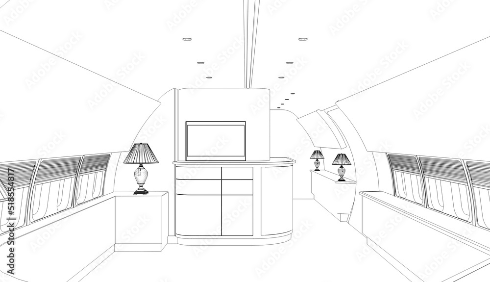 3D illustration VIP cabin of a business class aircraft, contour ...