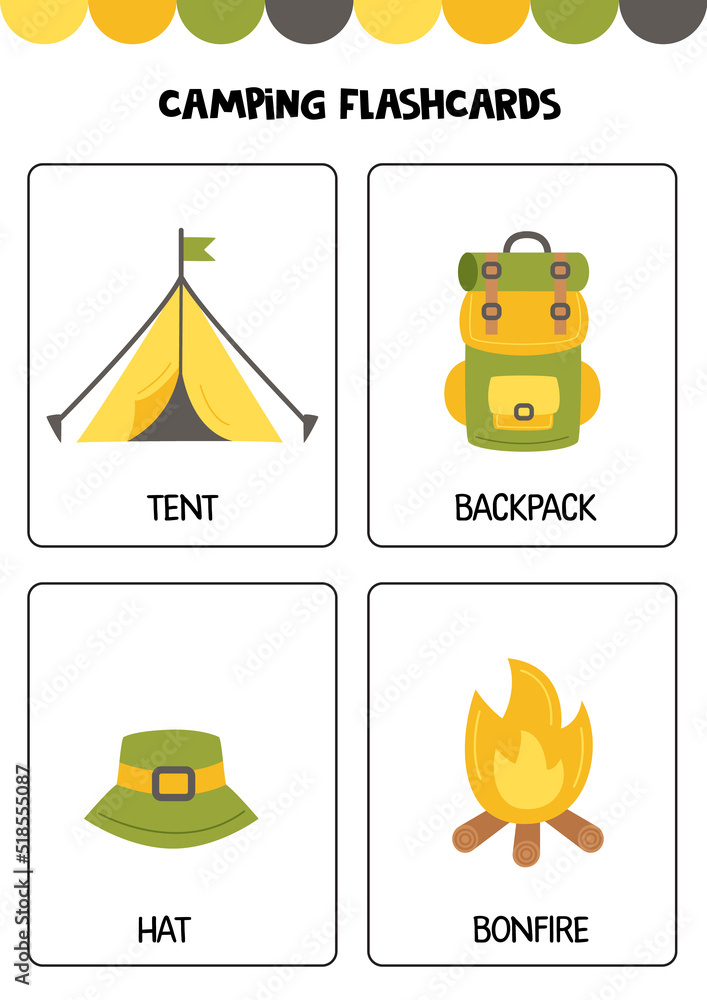 Cute camping elements with names. Flashcards for children. Stock Vector ...