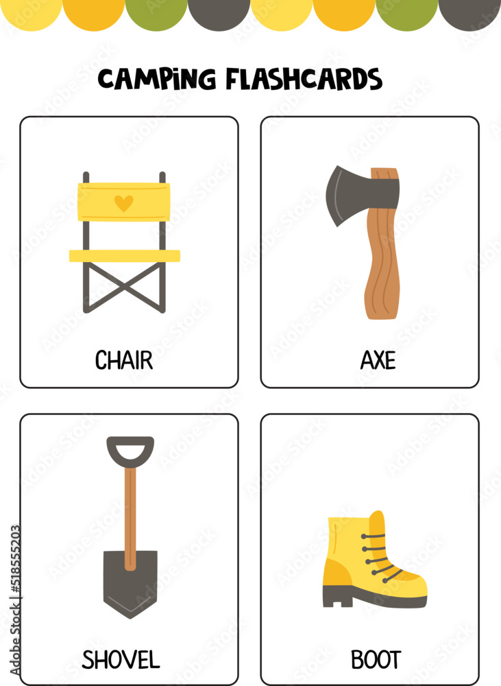 Cute camping elements with names. Flashcards for children. Stock Vector ...