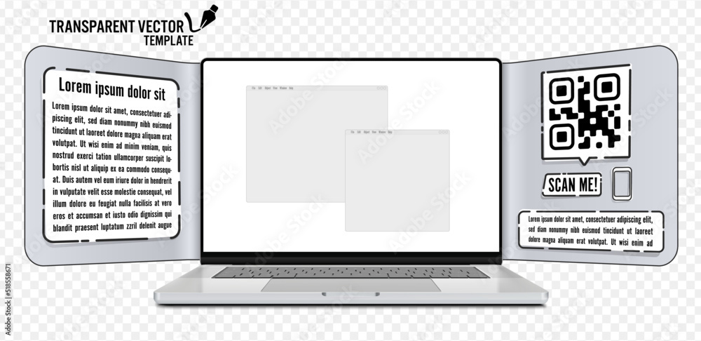 Vector laptop with a blank screen and a leaflet with bent ends and a ...