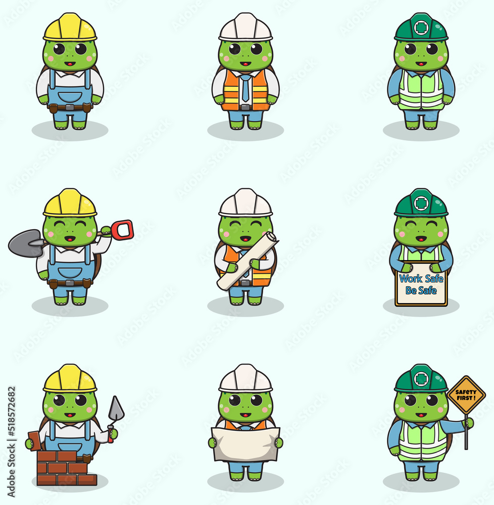 Vector illustration of Turtle worker, builder, laborer cartoon. Cute ...