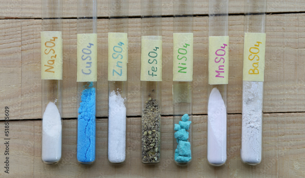 Salts of sulfates various metals in test tubes: sodium anhydrous ...