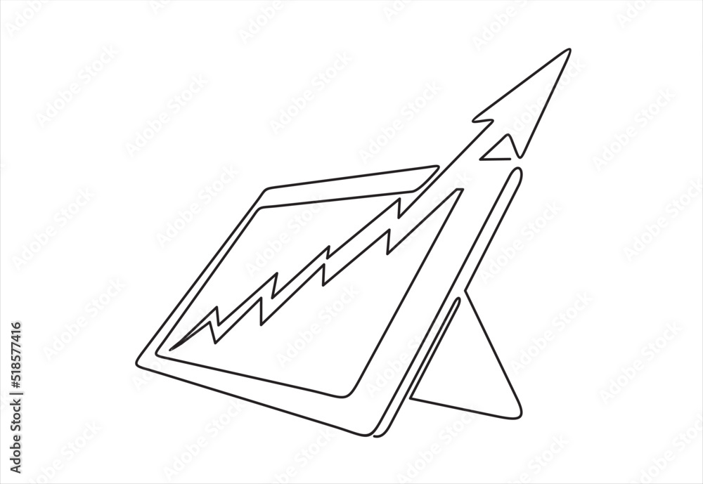continuous one line vector drawing of tablet with graph and up arrow ...