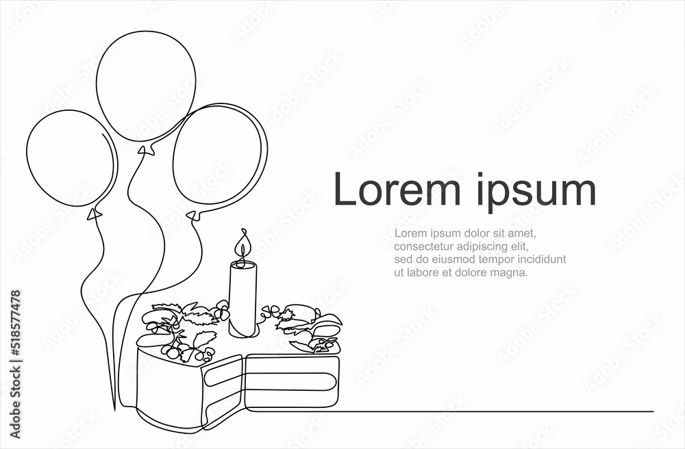 Continuous line drawing of birthday cake and balloons. Cake with sweet ...