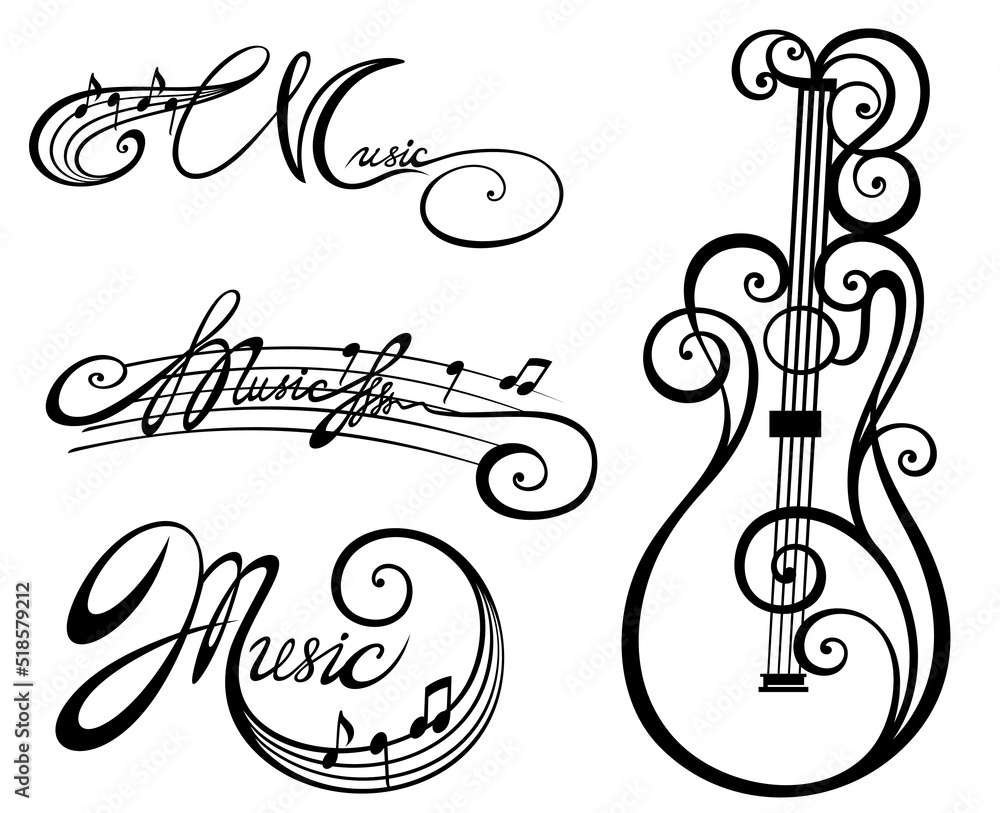 Poster Music notes and treble clef, musical design element with swirls ...