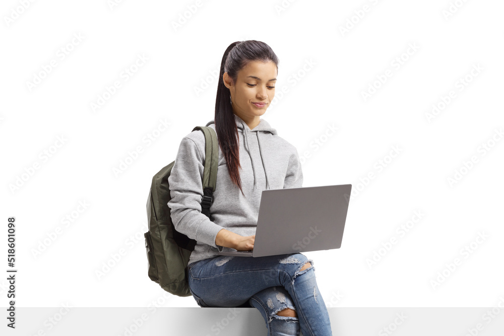 Female student sitting and using a laptop computer Stock Photo | Adobe ...