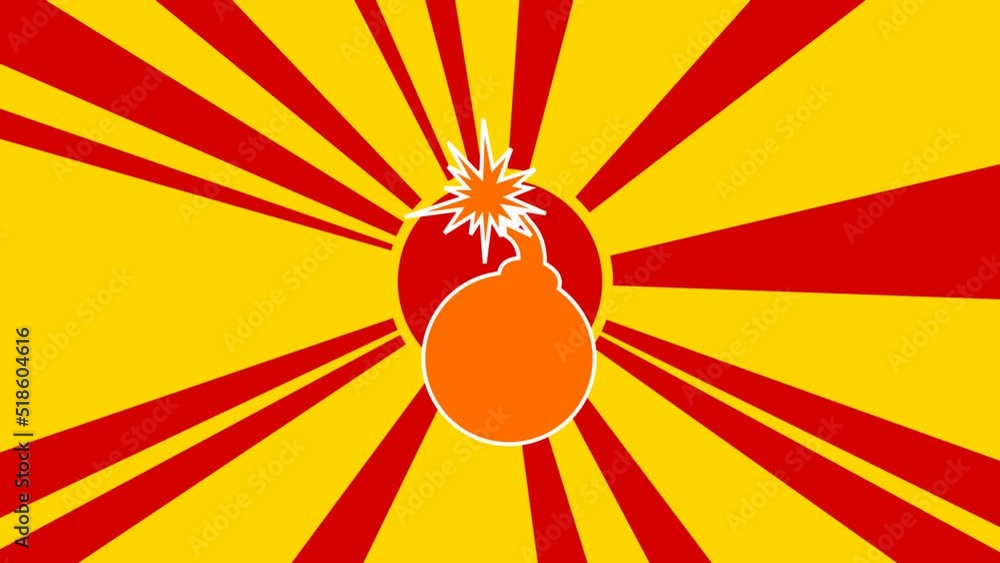 Bomb symbol on the background of animation from moving rays of the sun ...
