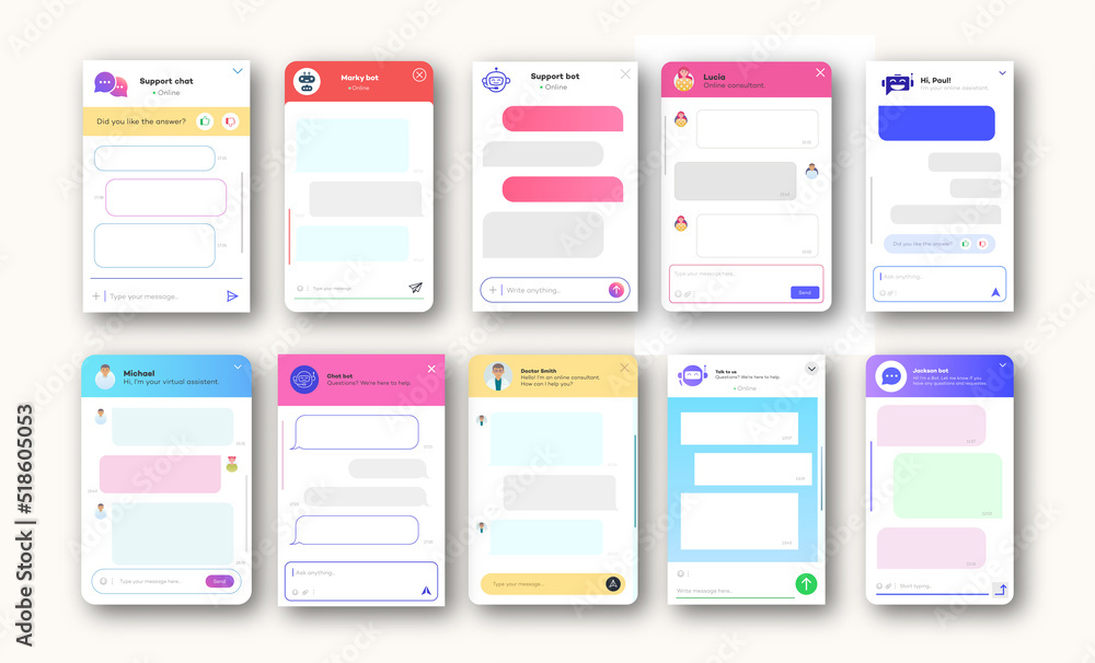 Online chat windows set for website and mobile app light theme style ...