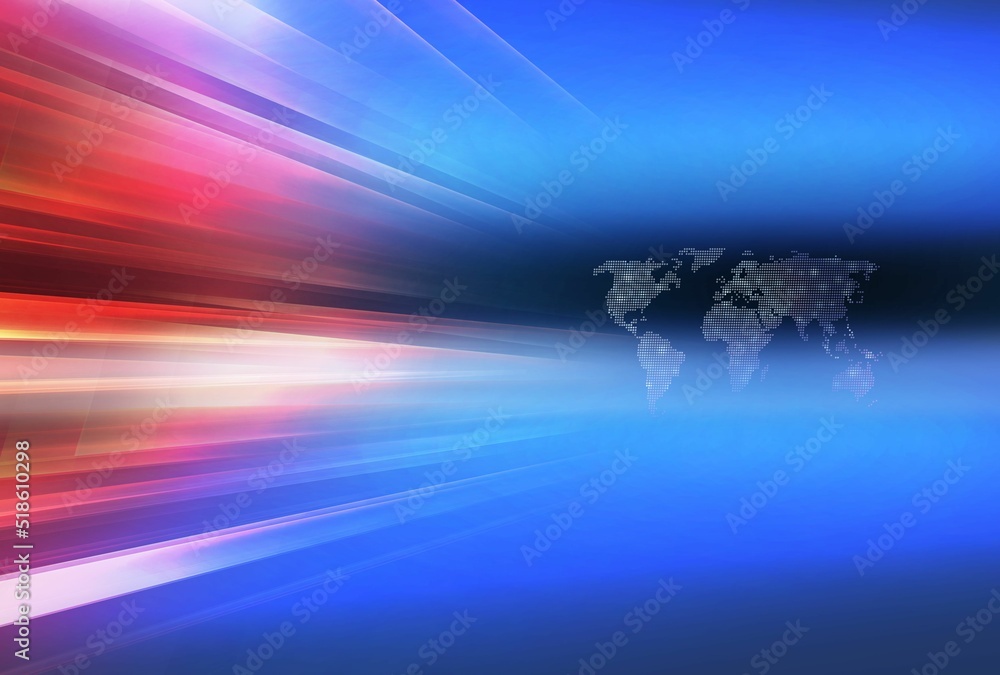 3D render of dotted world map emitting red and blue light for world ...