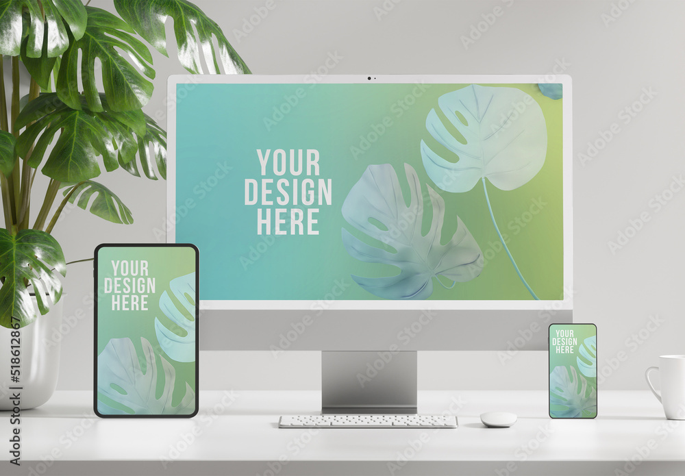 White Desktop with Front Devices Stock Template | Adobe Stock