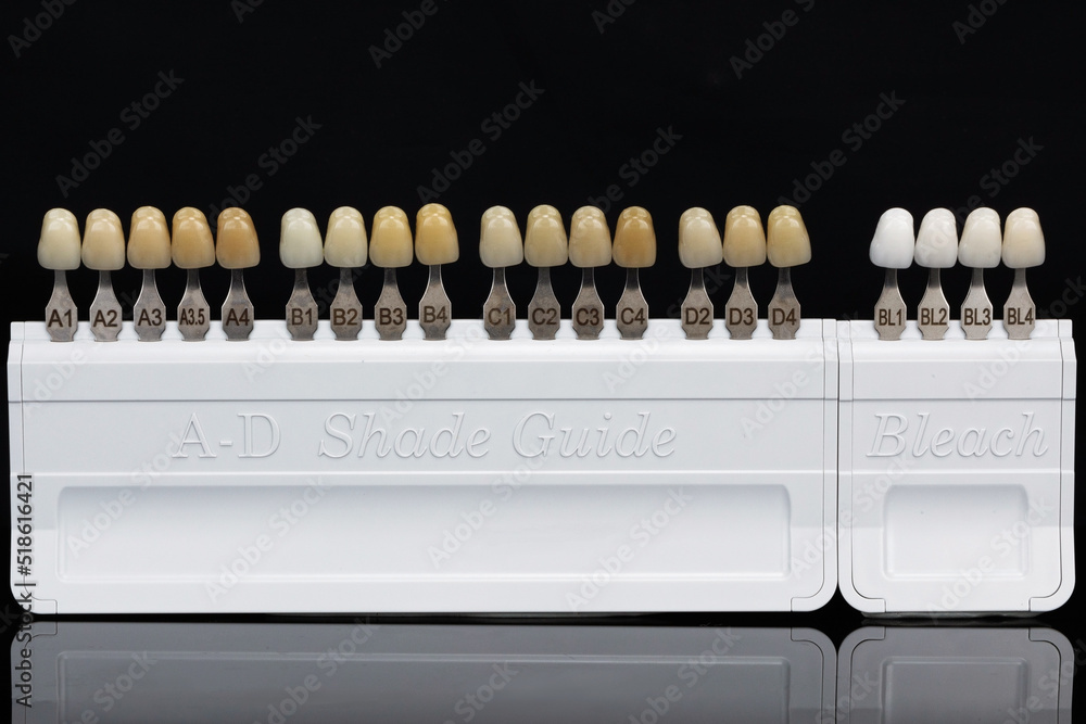 complete dental palette with teeth and various color shades and ...