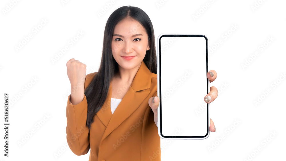 beautiful Asian young woman ,Excited surprised girl showing big smart ...