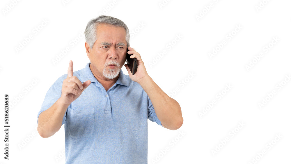 Asian senior man , old man was standing and talking on the phone with a ...