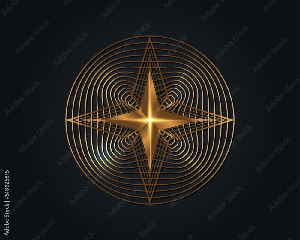Gold 3D Four Point Star, Golden Circle Elegant Vector Logo Design ...