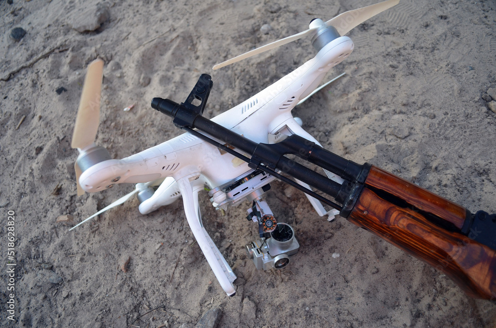 Weapons of the Third World War. Concept.Crashed drone Phantom 3 Pro and ...