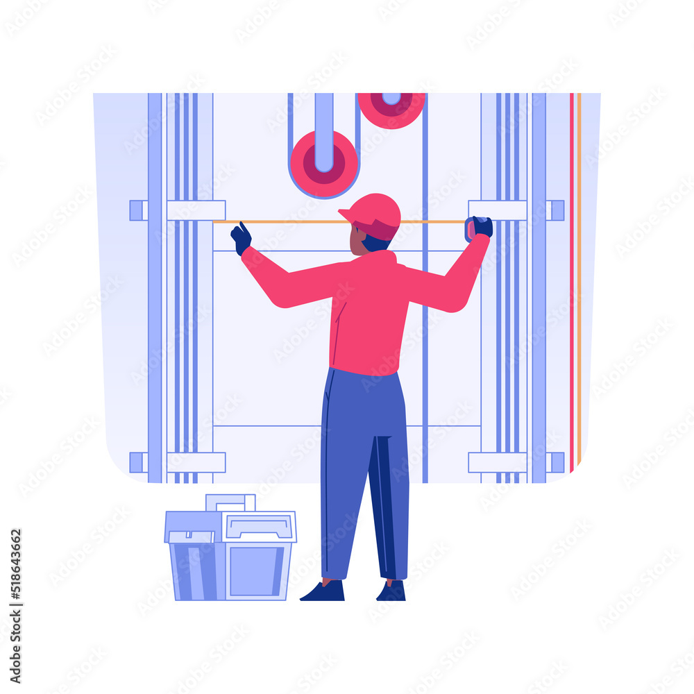 Elevator installation isolated concept vector illustration. Worker with ...