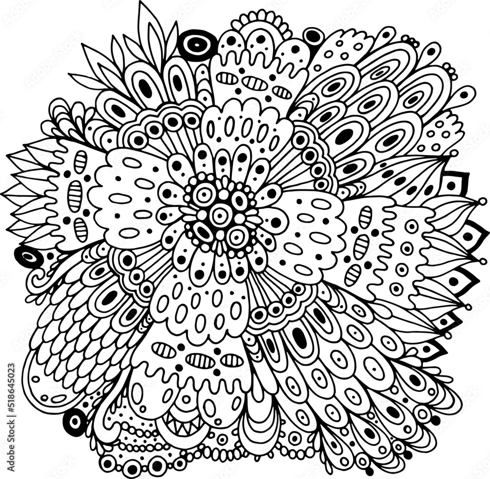 Floral mandala with doodle flowers and leaves. Line art cute coloring ...
