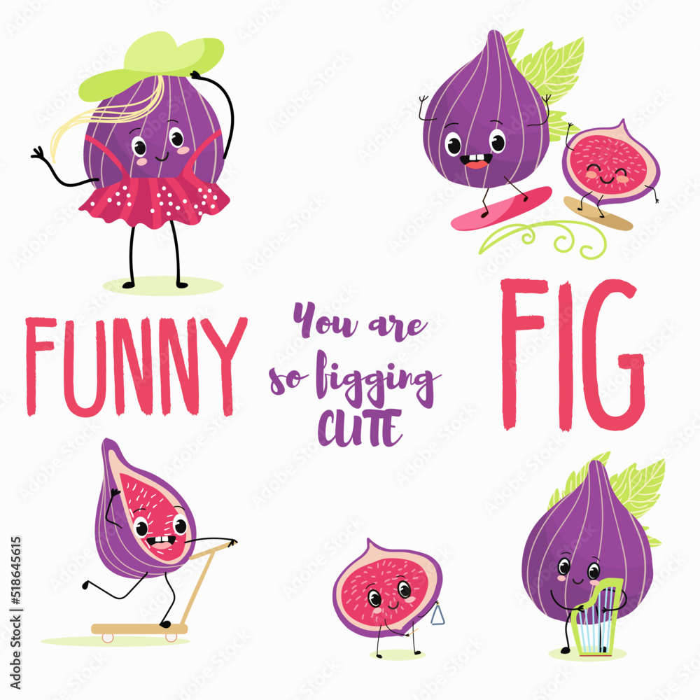 Vector set of illustrations of a funny crazy fig, a cartoon character ...