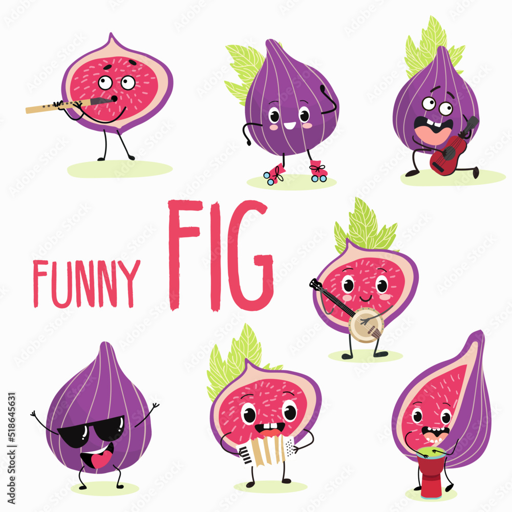 Vector set of illustrations of a funny crazy fig, cartoon character, in ...