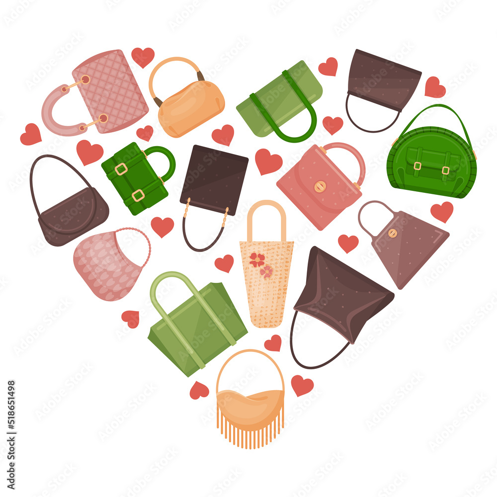 Cute many bags in heart form. Vector illustration. Cartoon style. Stock ...