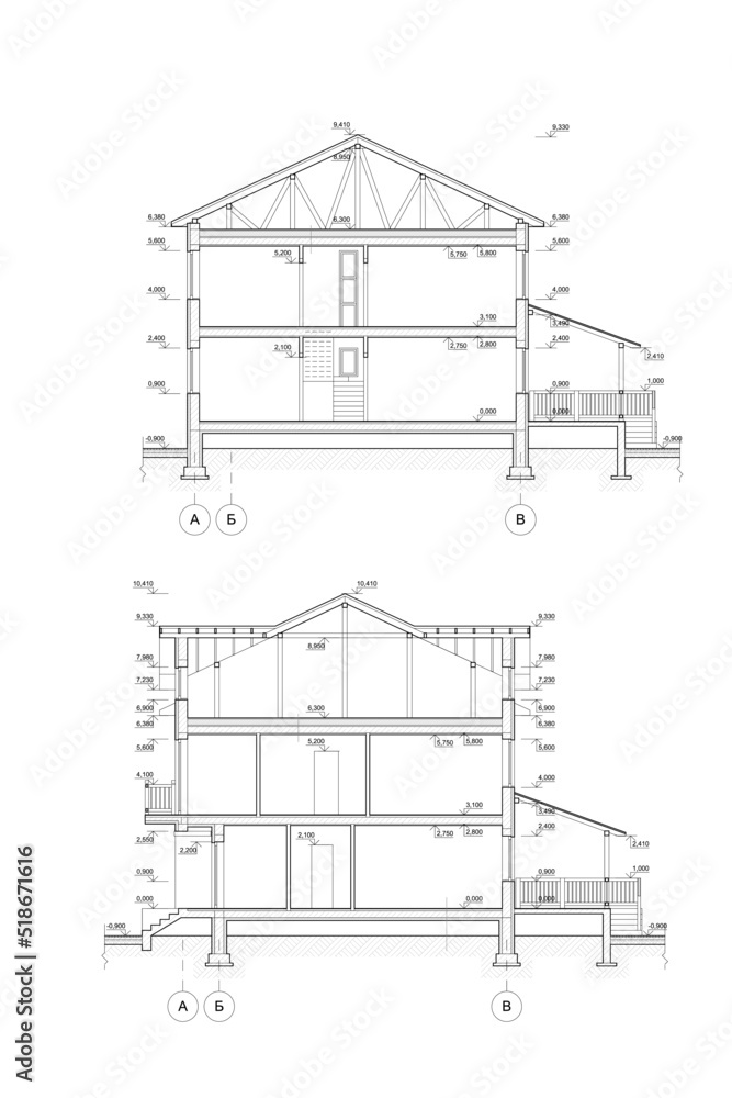 Townhouse building detailed architectural technical drawing, vector ...