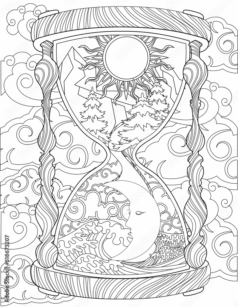 Sand Clock Drawing Showing Sun And Moon Surrounded By Clouds Stock ...