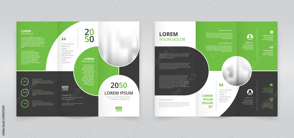 Modern trifold brochure template with green and black rectangles and ...