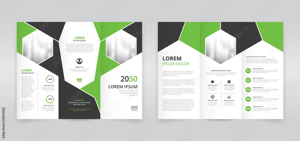 Green and black colored modern trifold brochure template with random ...